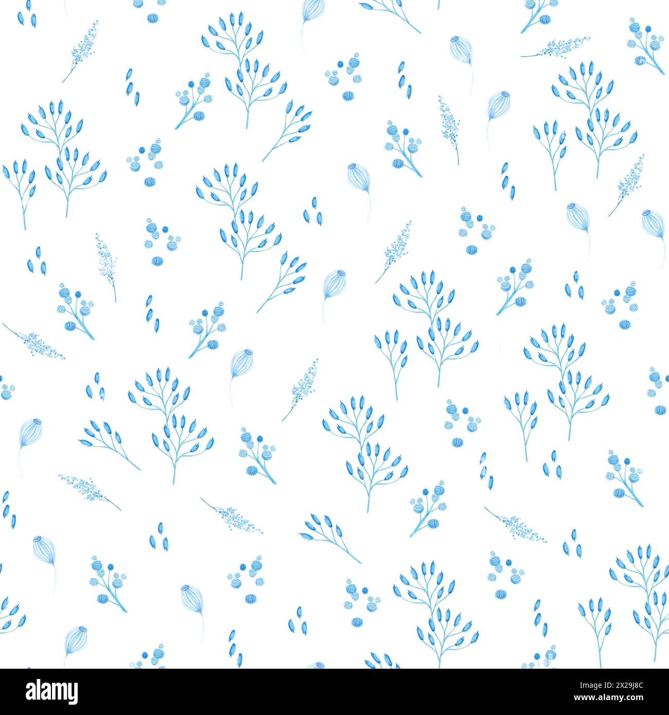 Botanical seamless pattern illustration with blue branches and leaves ...