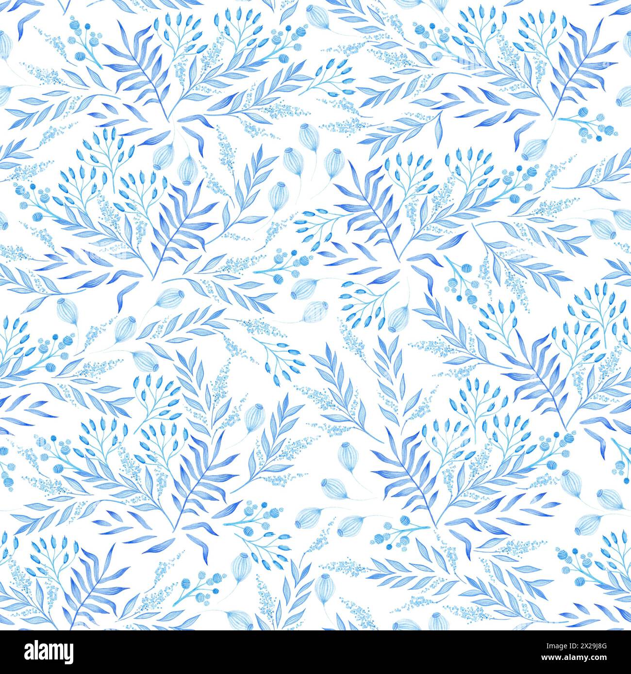 Botanical seamless pattern illustration with blue branches and leaves ...