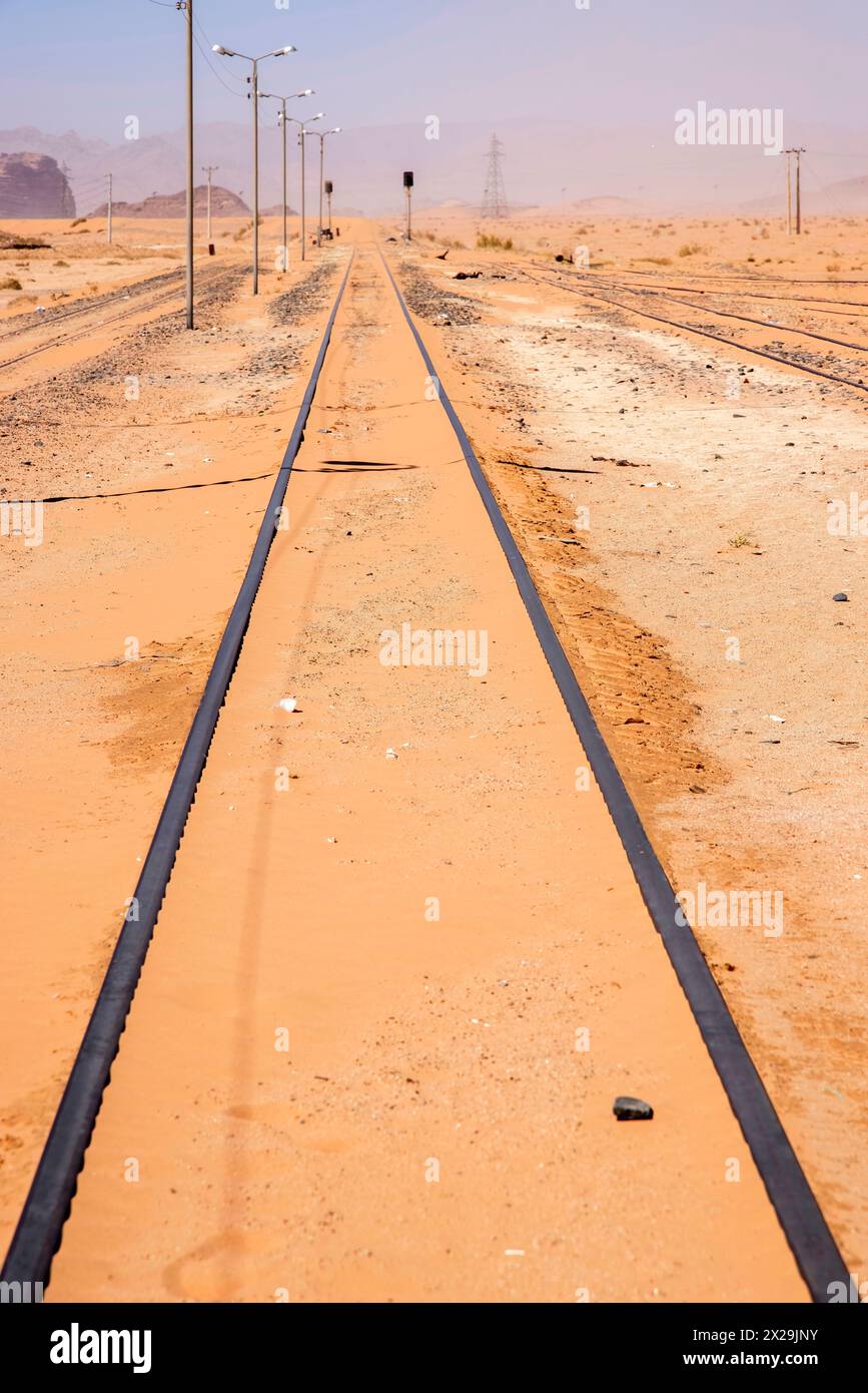 the hijaz railway station, train and tracks in the desert at wadi rum ...