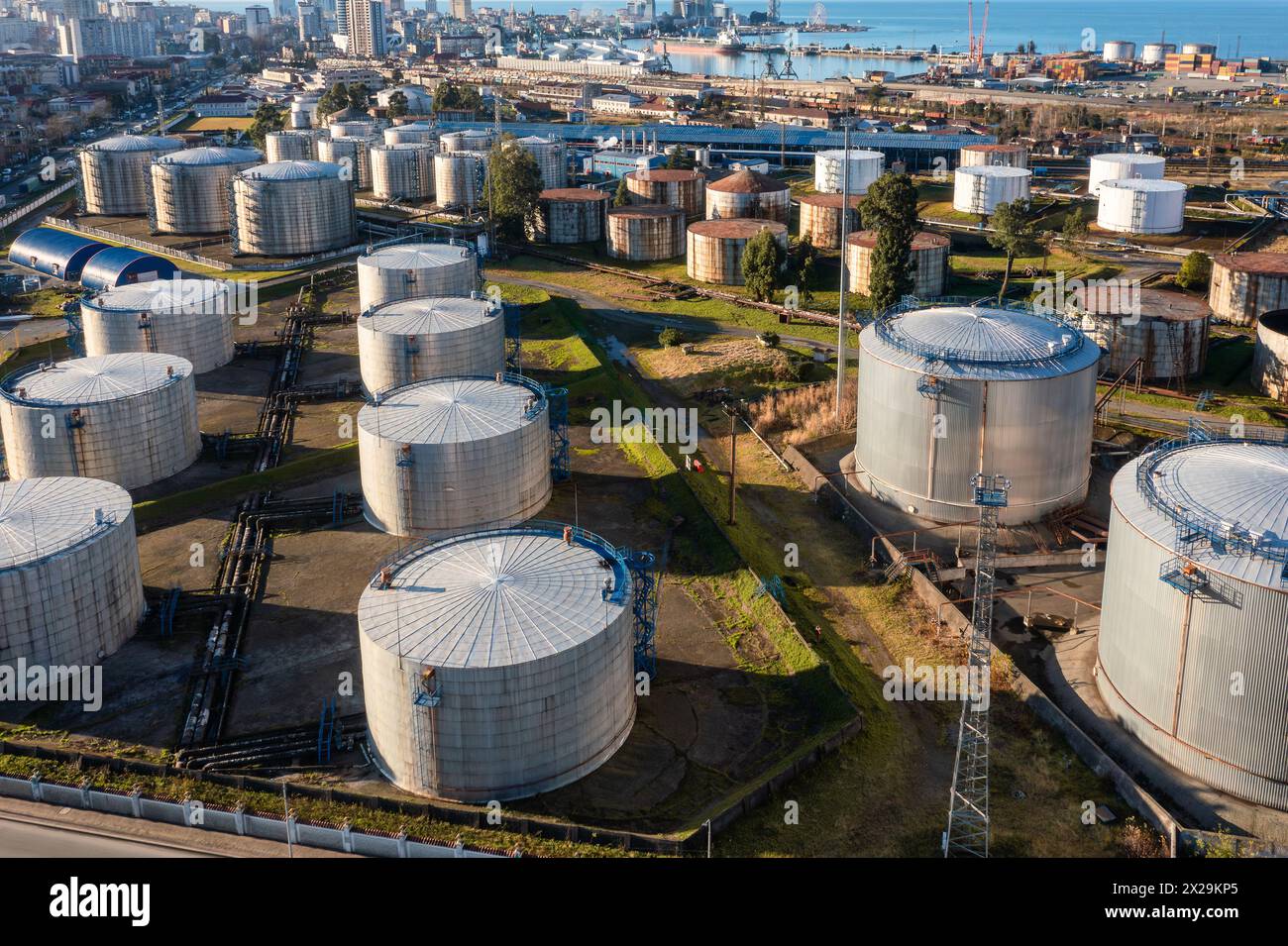 Aerial view of oil tanks at oil refinery. Gas and oil steel storage ...