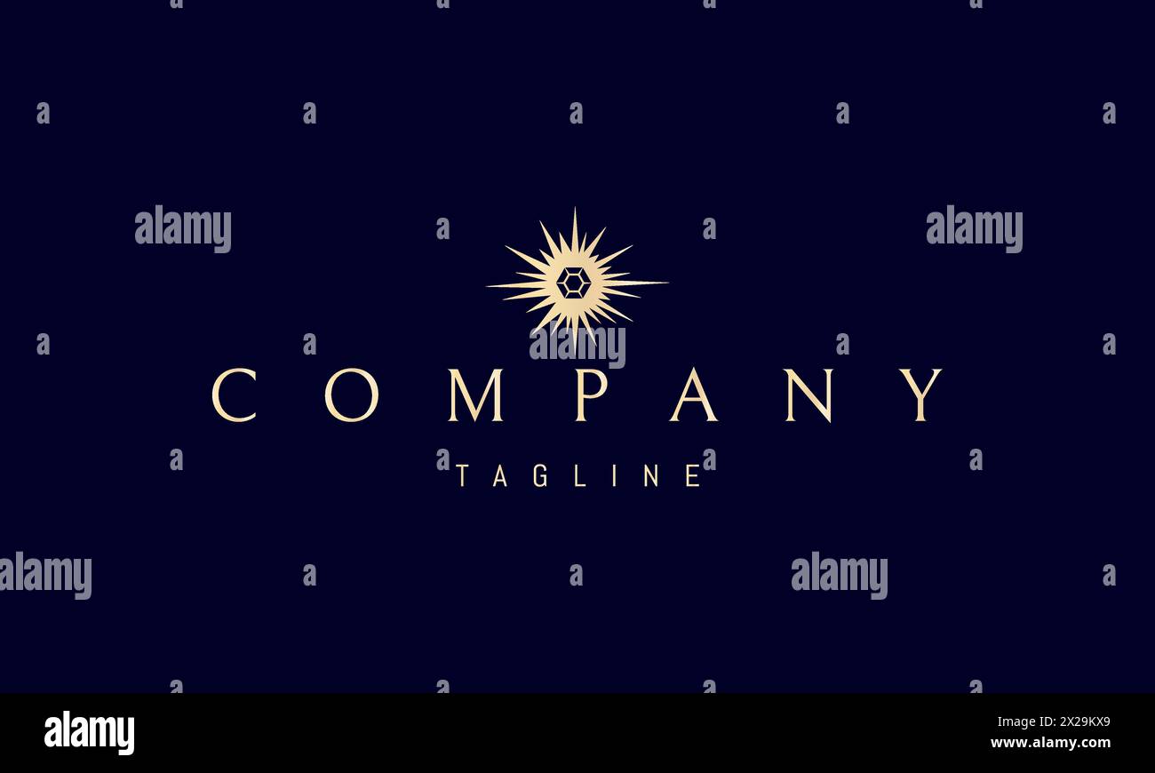 A vector golden logo with an abstract image of the sun with a shining ...