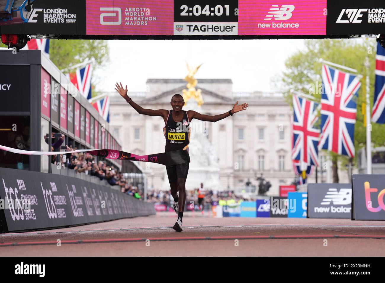 Alexander Mutiso Munyao crosses the line to win the men's elite race during the TCS London ...