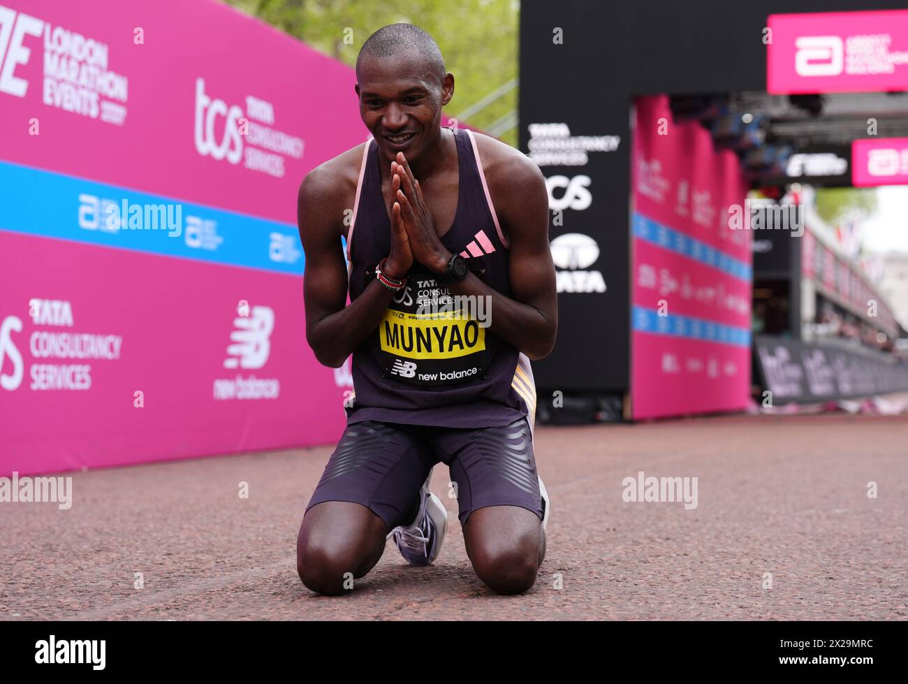 Alexander Mutiso Munyao reacts after winning the men's elite race during the TCS London Marathon ...