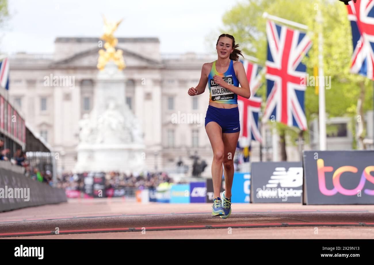 Mhairi Maclennan finishing the women's elite race during the TCS London Marathon. Picture date ...