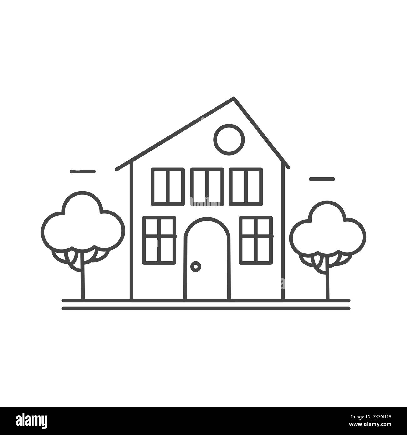 Neighborhood Small House Line Icon Of Building And Trees In Garden Vector Illustration Stock