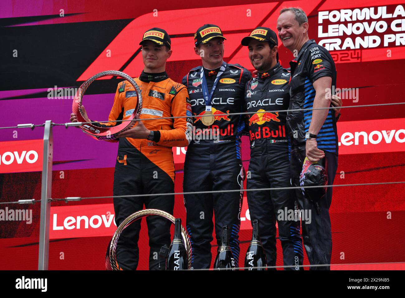 Shanghai, China. 21st Apr, 2024. The podium (L to R): Lando Norris (GBR) McLaren, second; Max ...