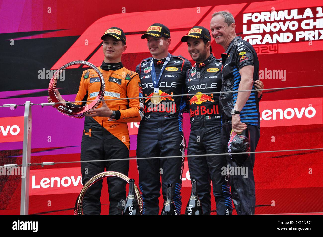 Shanghai, China. 21st Apr, 2024. The podium (L to R): Lando Norris (GBR) McLaren, second; Max ...
