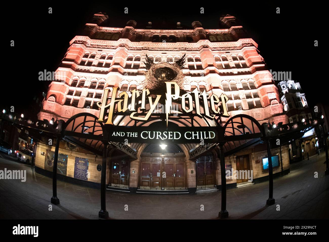 London's West End Palace Theatre at night, showing Harry Potter and The ...