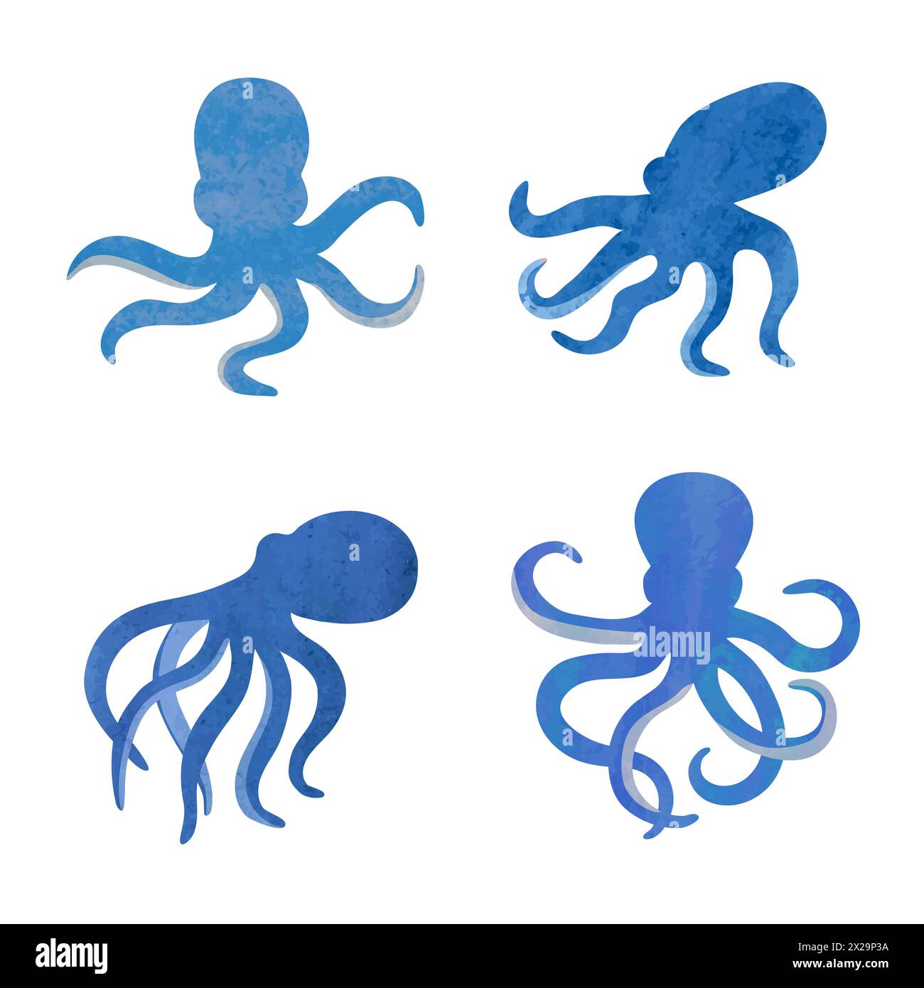 Cute octopus vector set. Watercolor sea animal silhouettes Stock Vector ...