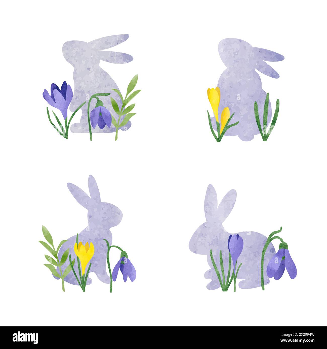 Easter watercolor set with cute rabbits and spring flowers. Vector ...
