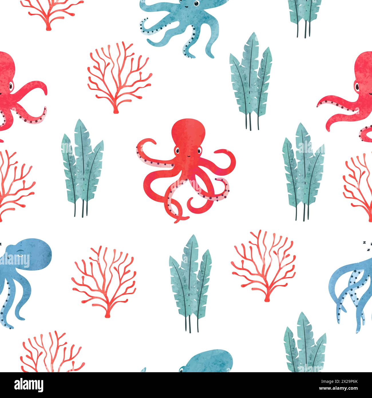 Sea childish pattern with cute octopus, corals and seaweeds. Vector ...