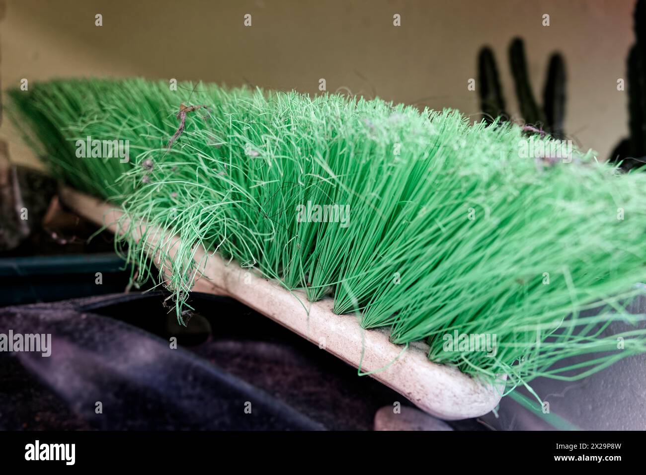 a worn turquoise bristle broom Stock Photo - Alamy