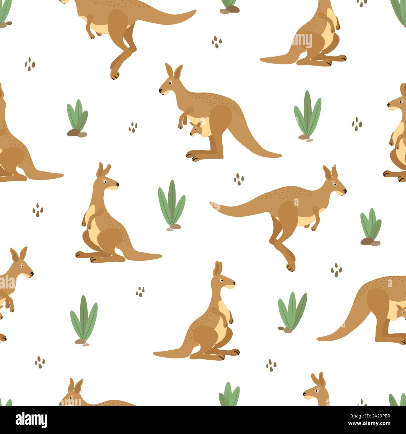 Kangaroo seamless pattern with animals and plants. Vector illustration ...