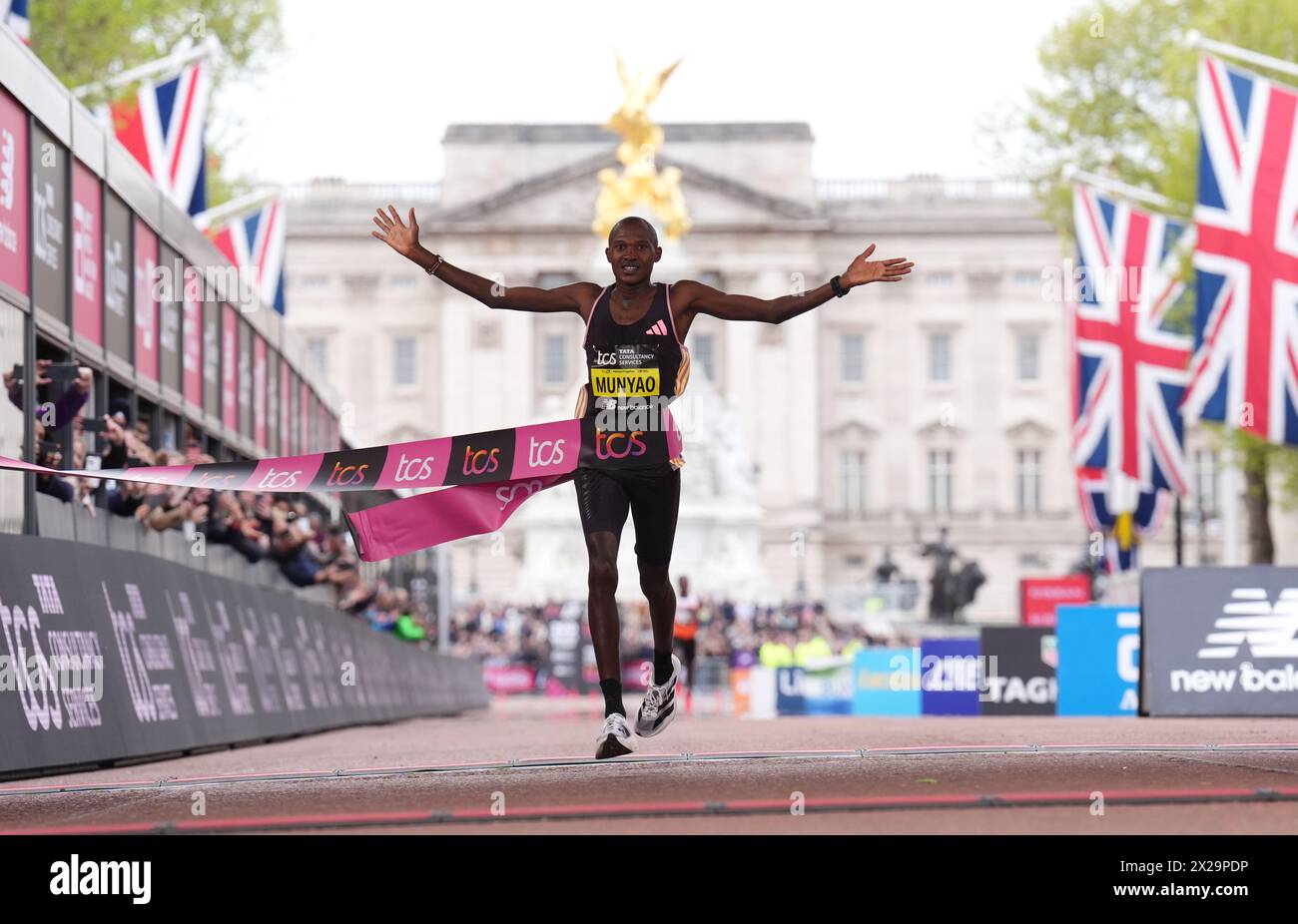 Alexander Mutiso Munyao crosses the line to win the men's elite race during the TCS London ...