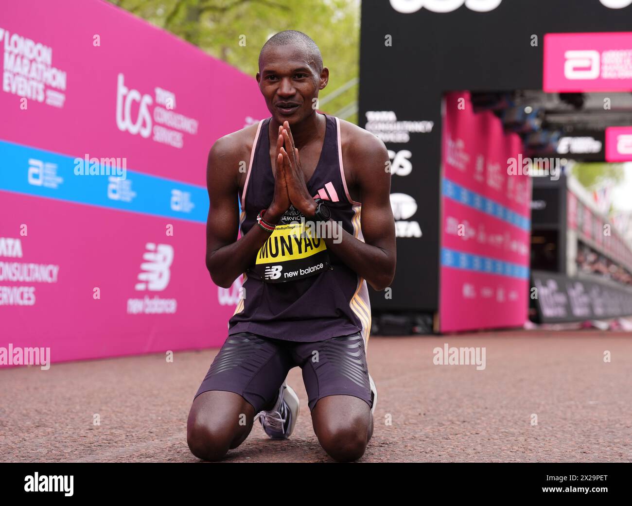 Alexander Mutiso Munyao reacts after winning the men's elite race during the TCS London Marathon ...