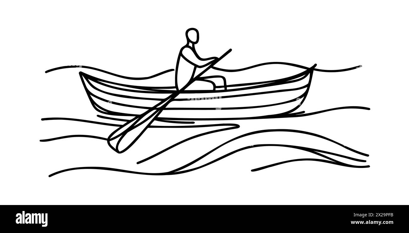Man sailing on a boat kayaking one line sketch on white background ...