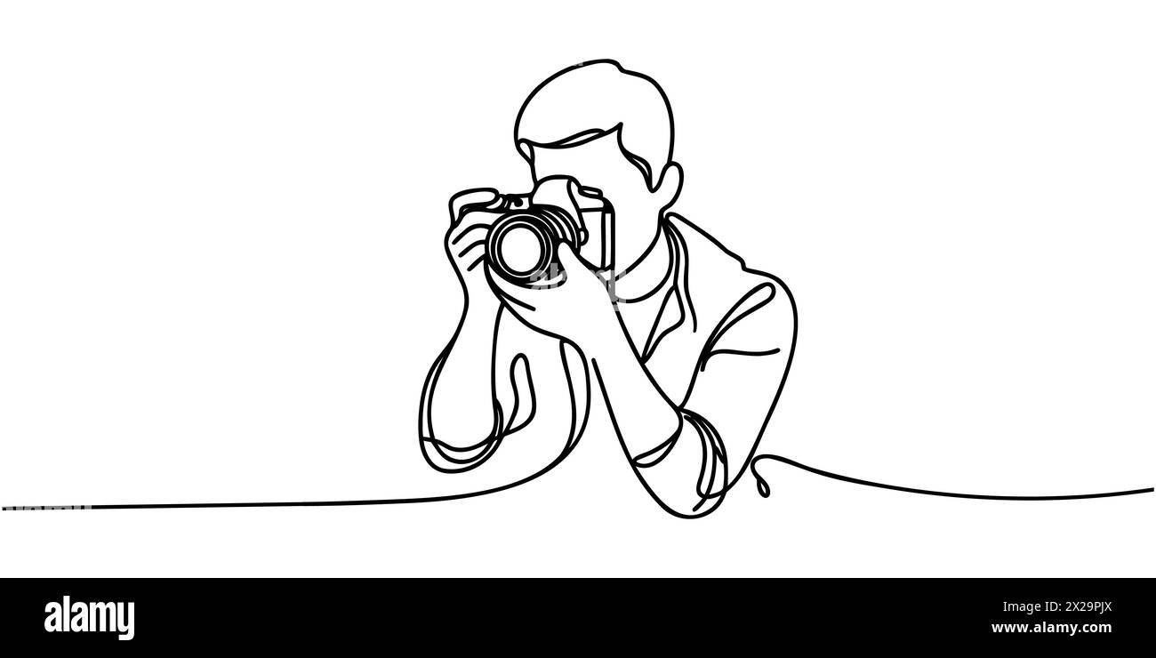 Continuous line drawing of professional man photographer take picture ...