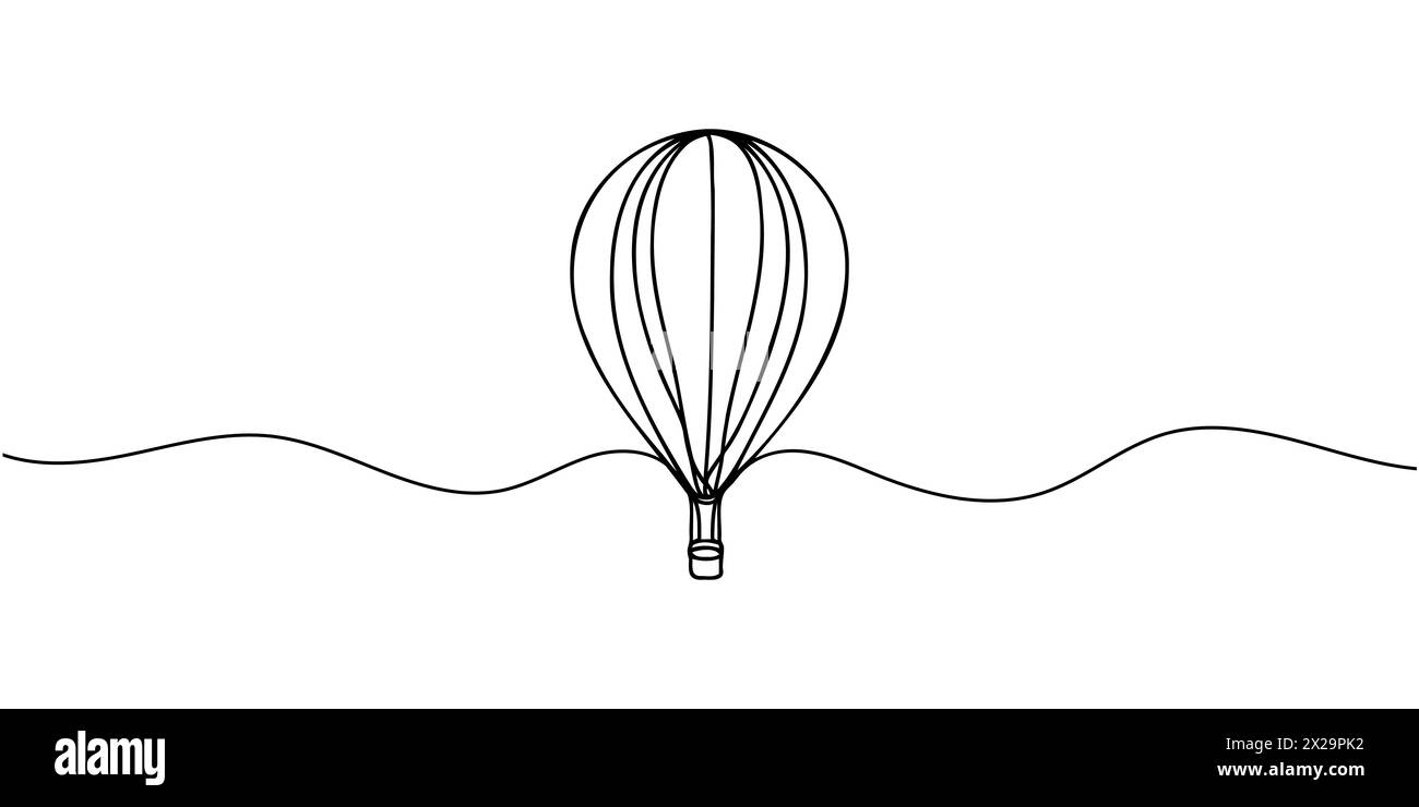 Continuous one line drawing of hot air balloon in sky with clouds. hot ...