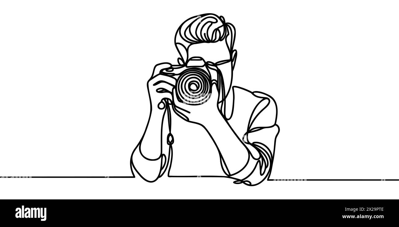 Continuous line drawing of professional man photographer take picture ...