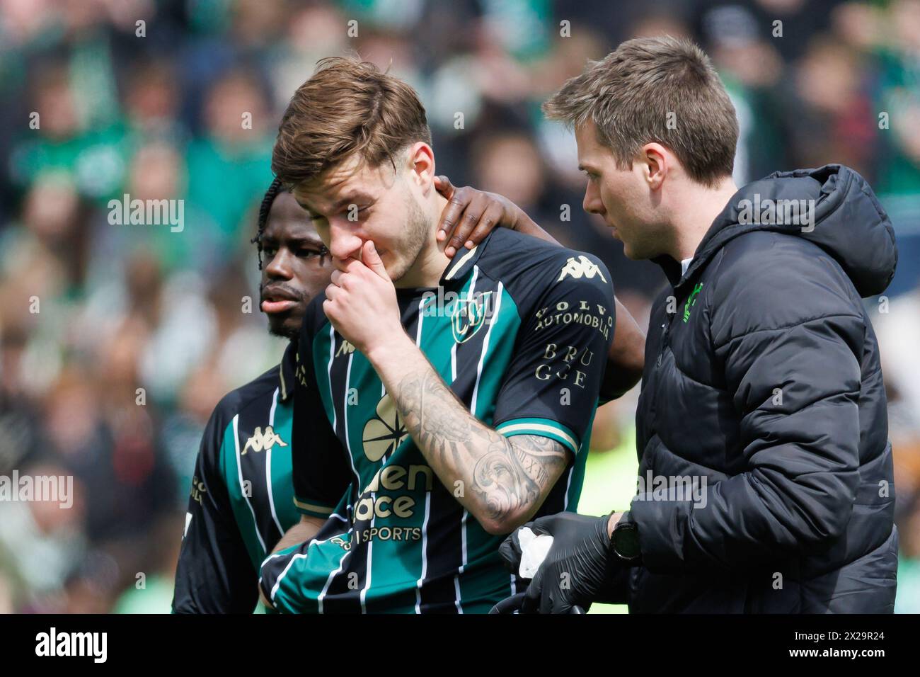 Brugge, Belgium. 21st Apr, 2024. Cercle's Edgaras Utkus leaves the ...