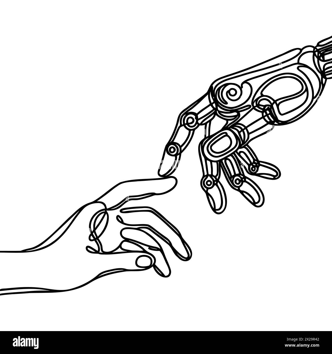 drawn by one continuous line of human and robot hands touching, fusion of artificial ...