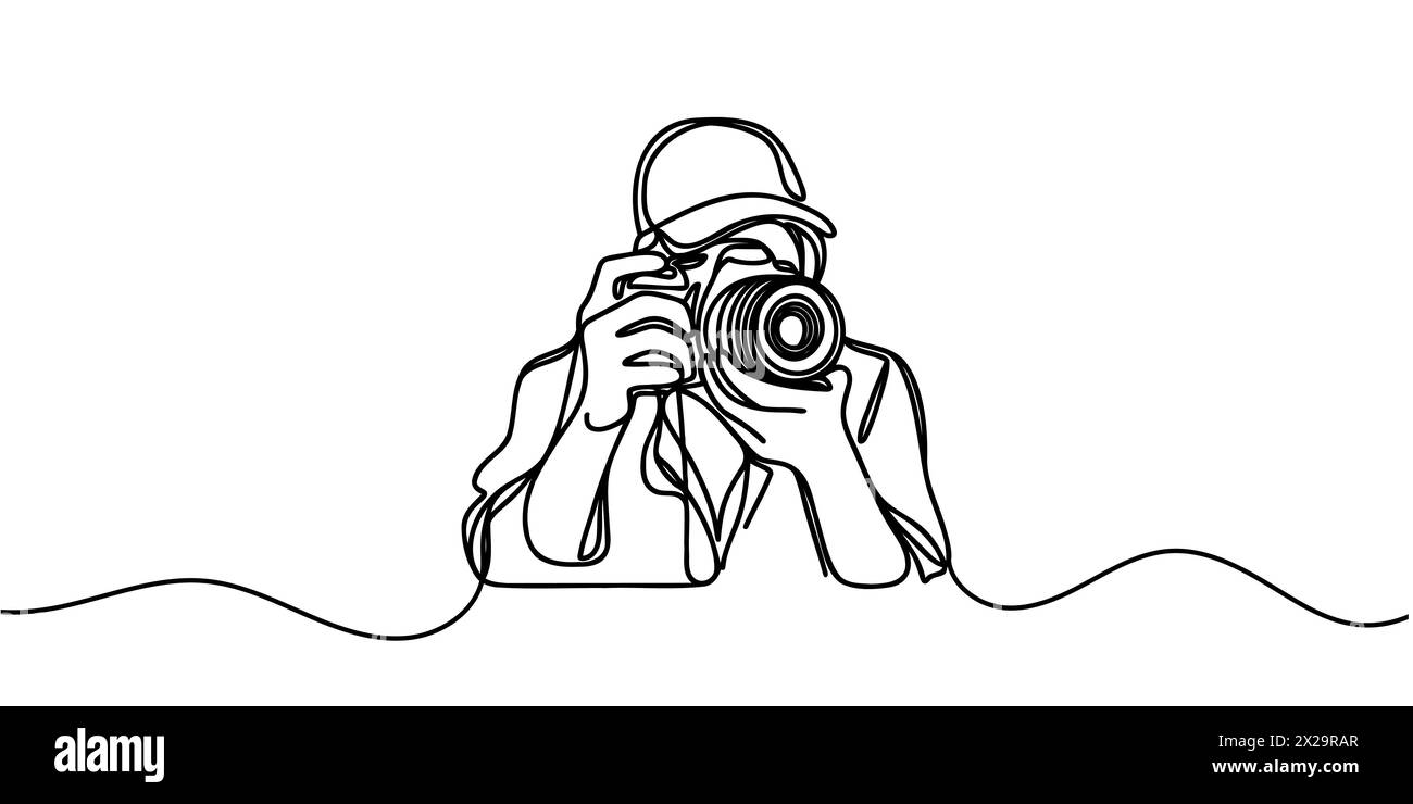 Continuous line drawing of professional man photographer take picture ...