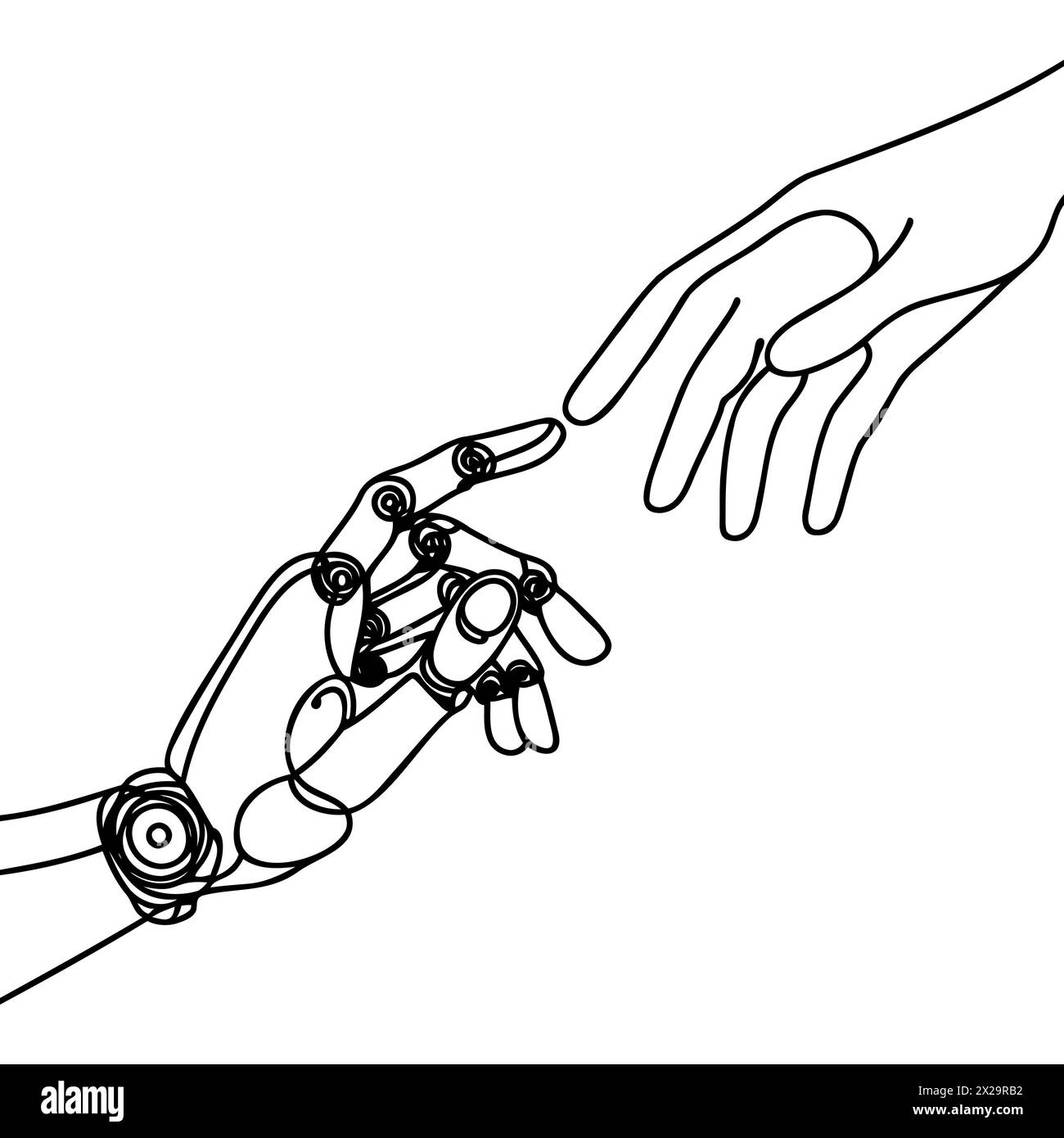 drawn by one continuous line of human and robot hands touching, fusion of artificial ...