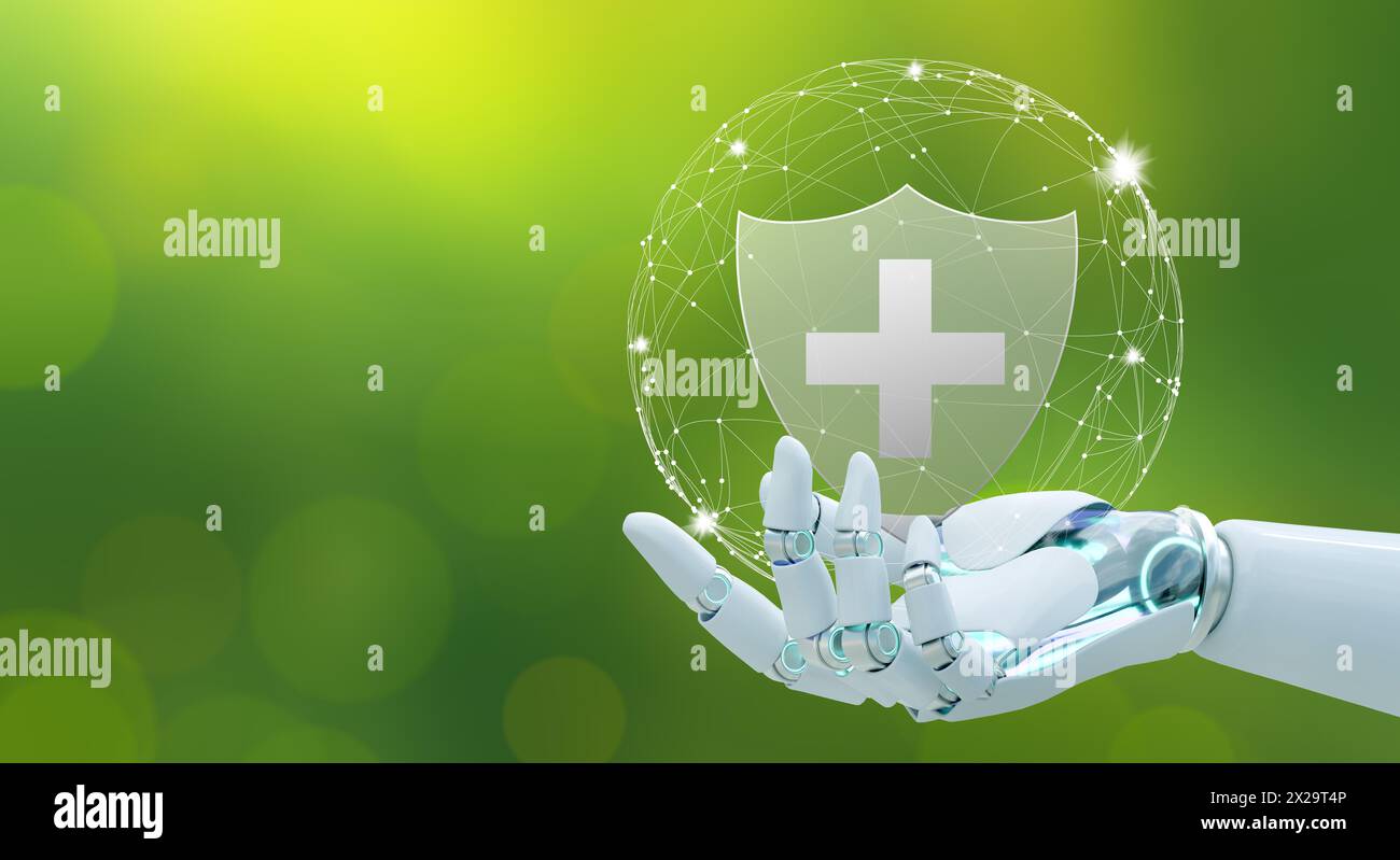 Futuristic AI robot Hand offer medical shield on green background. The ...