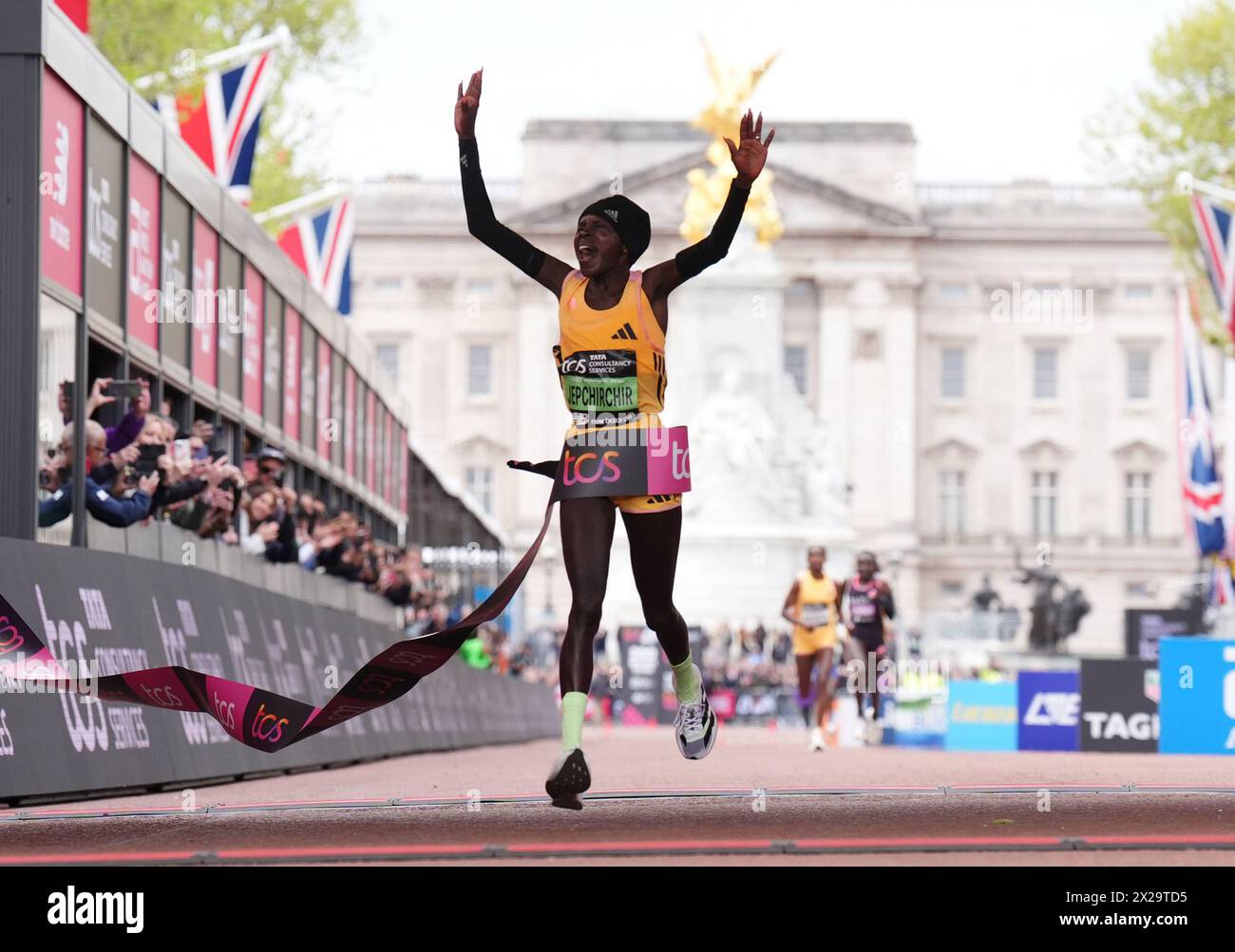 Olympic champion Peres Jepchirchir, from Kenya, crosses the finish line beating the women's-only ...