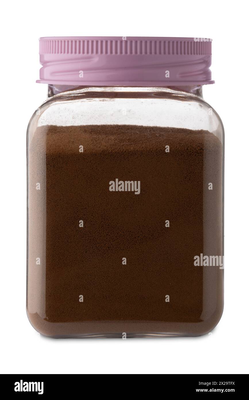 Instant soluble barley coffee powder in clear jar with rose-colored cap ...