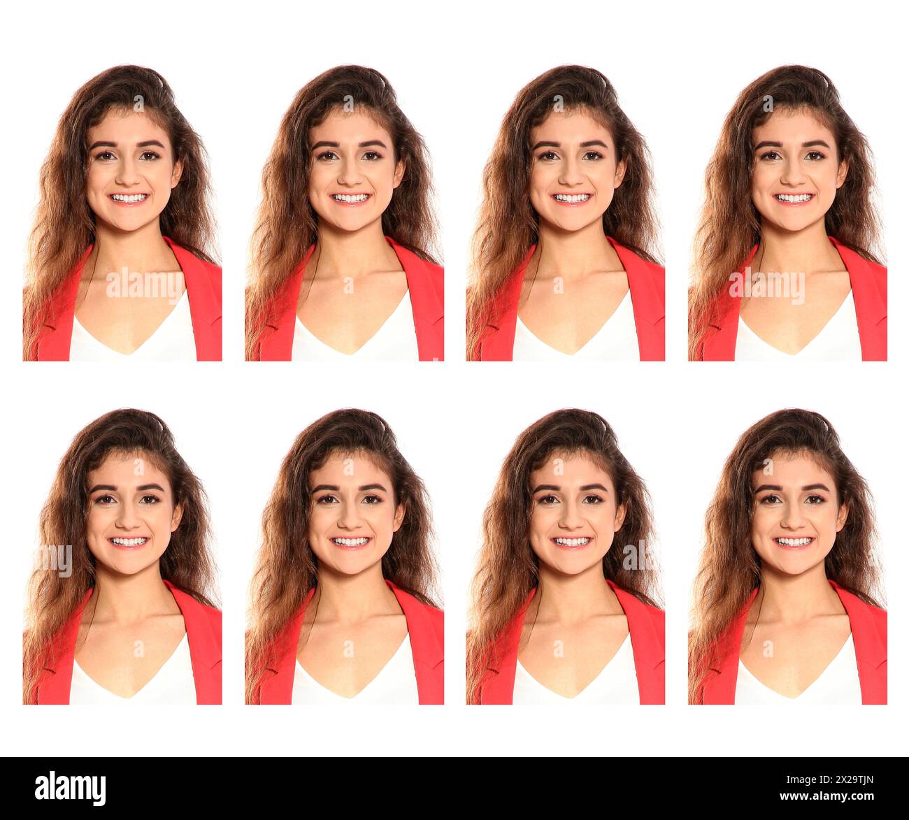 Passport photo, collage. Woman on white background, set of photos Stock ...