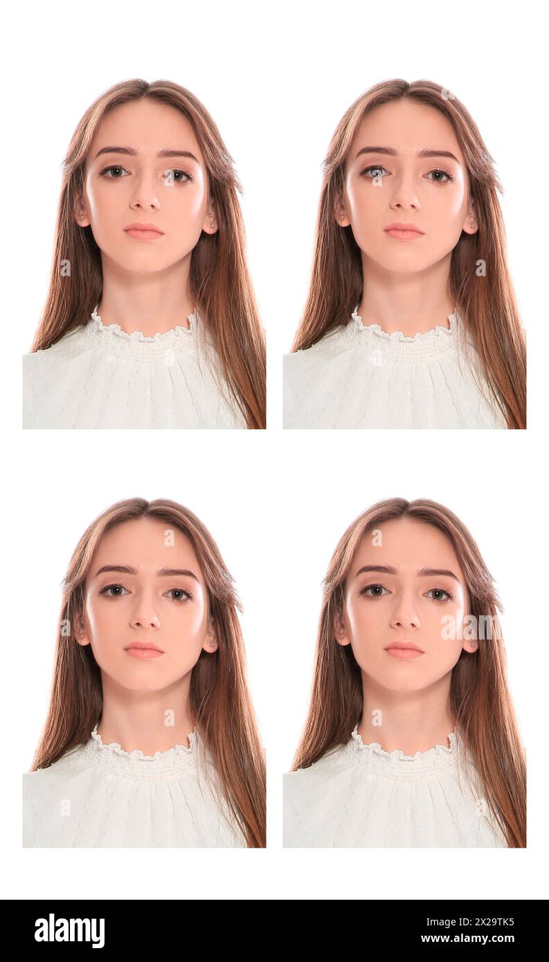 Passport photo, collage. Woman on white background, set of photos Stock ...