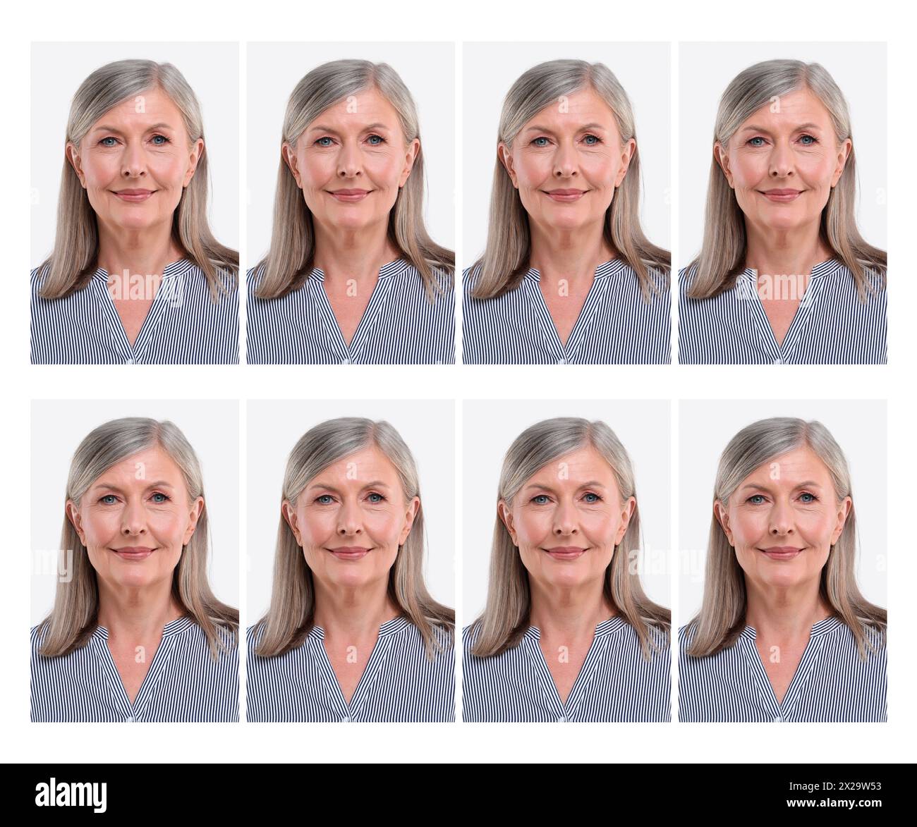 Passport photo, collage. Woman on white background, set of photos Stock ...