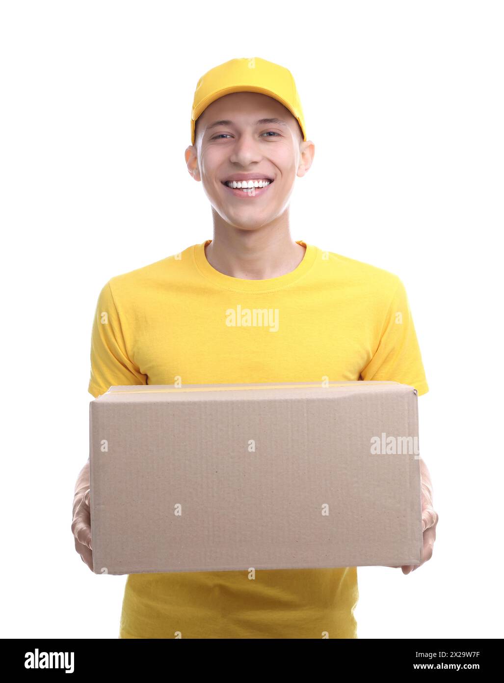 Happy courier with parcel on white background Stock Photo - Alamy