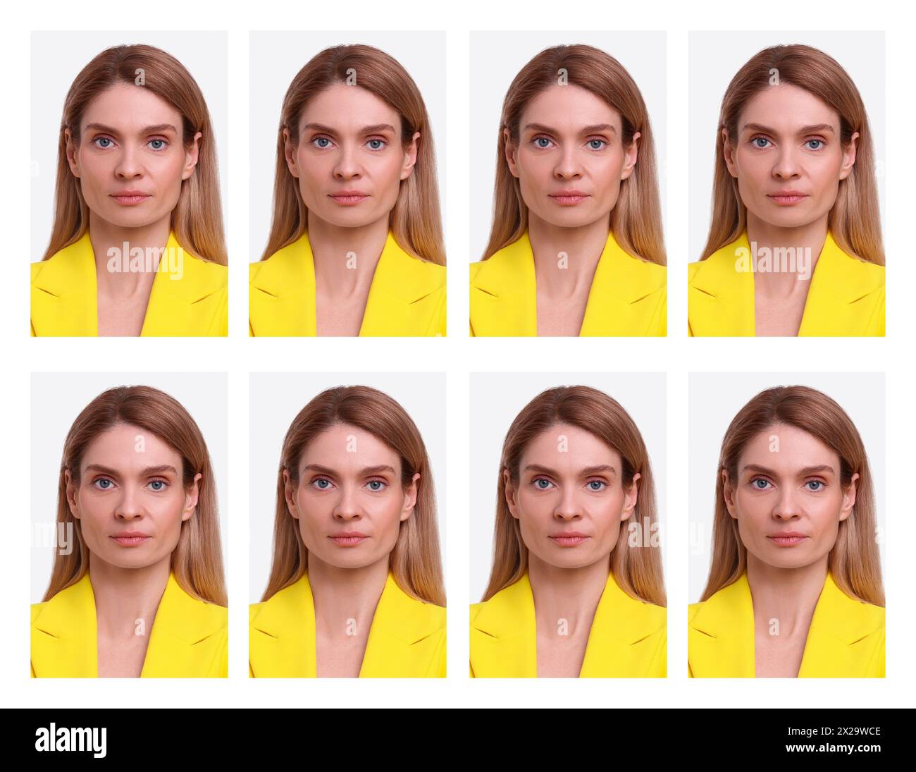 Passport photo, collage. Woman on white background, set of photos Stock ...