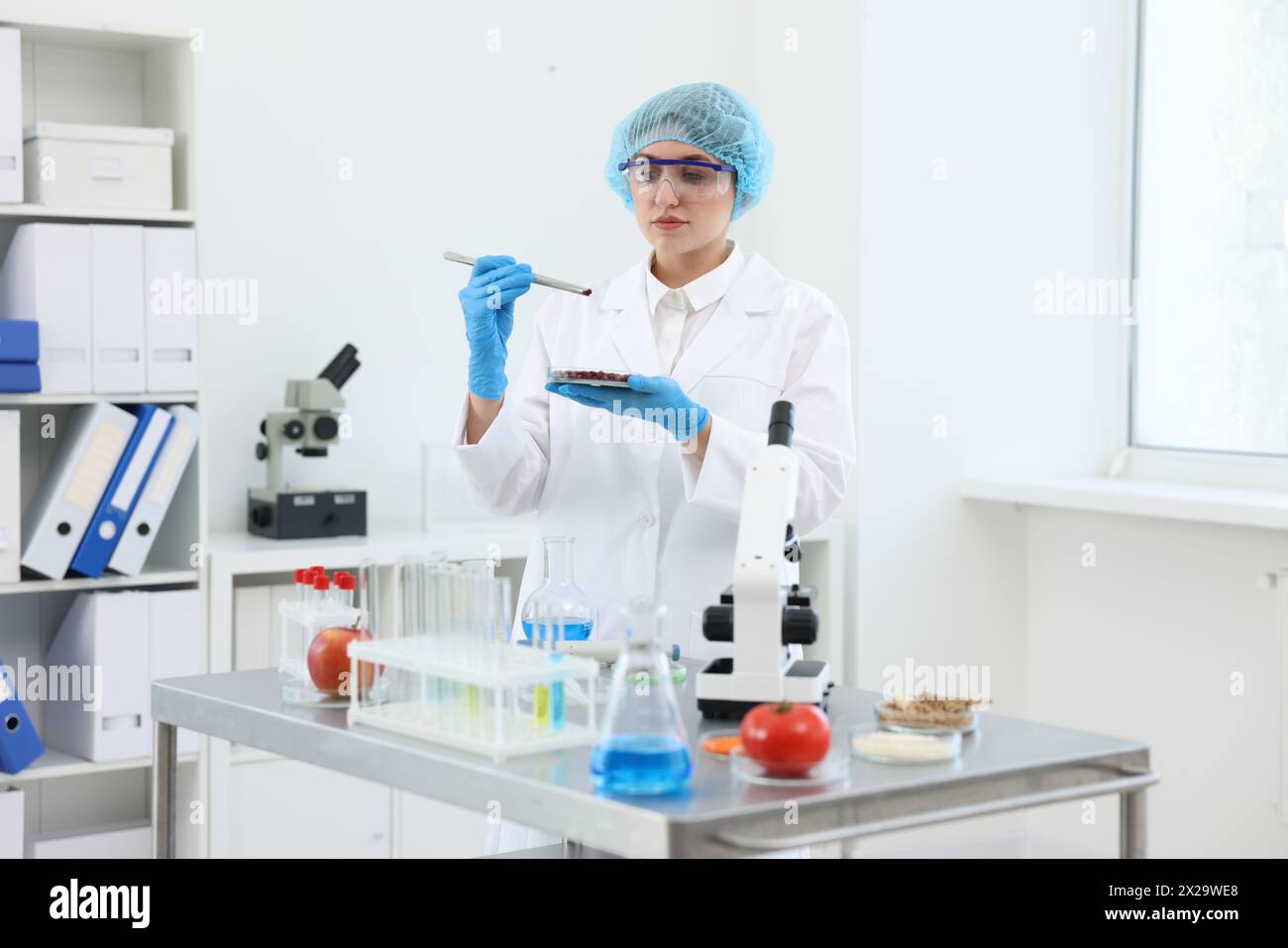 Quality control. Food inspector checking safety of products in ...