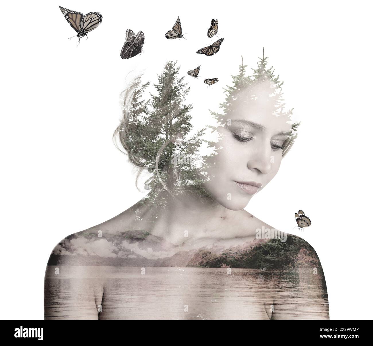 Double exposure of beautiful woman and natural scenery on white ...