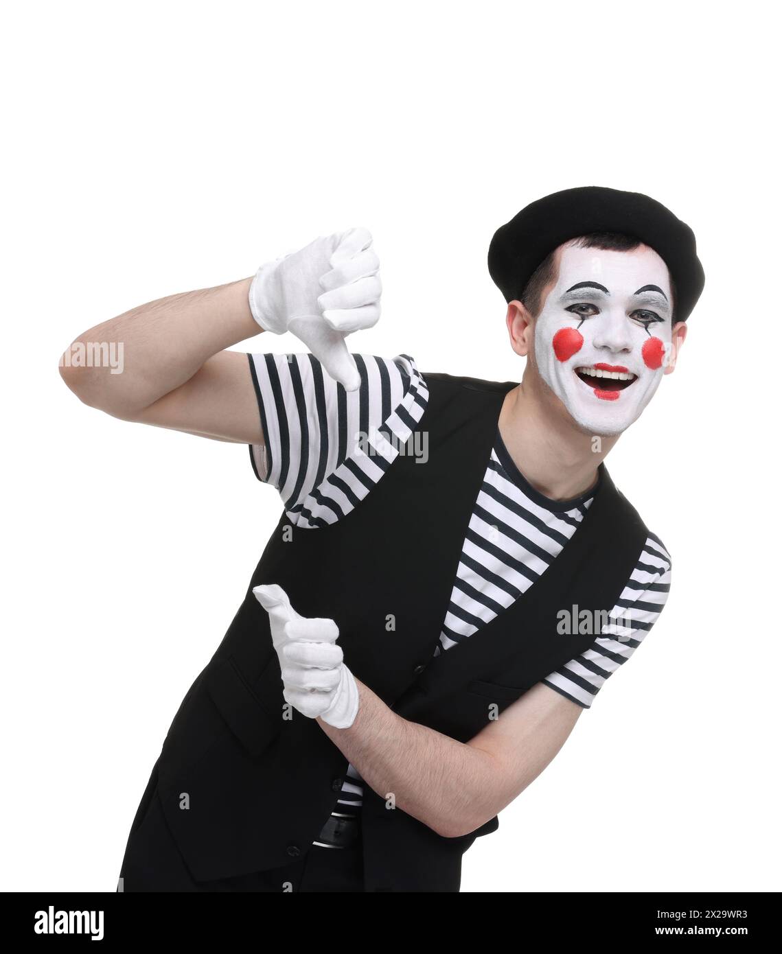 Funny mime artist in beret posing on white background Stock Photo - Alamy