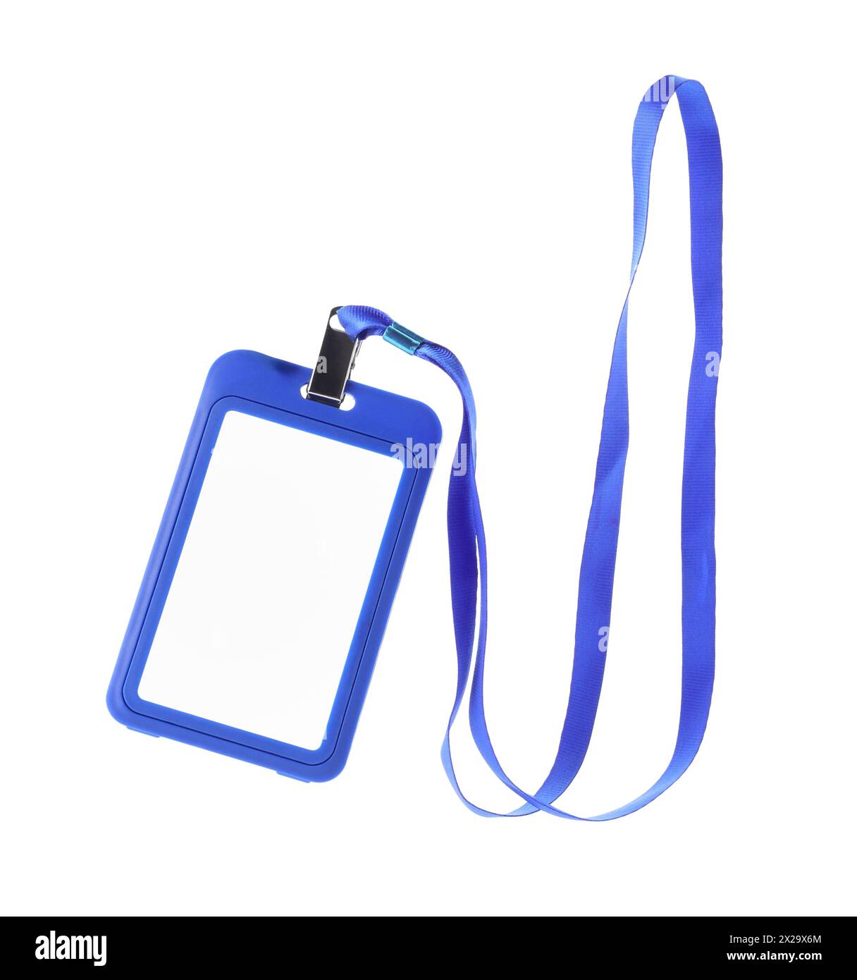 Blank blue badge with string isolated on white Stock Photo - Alamy