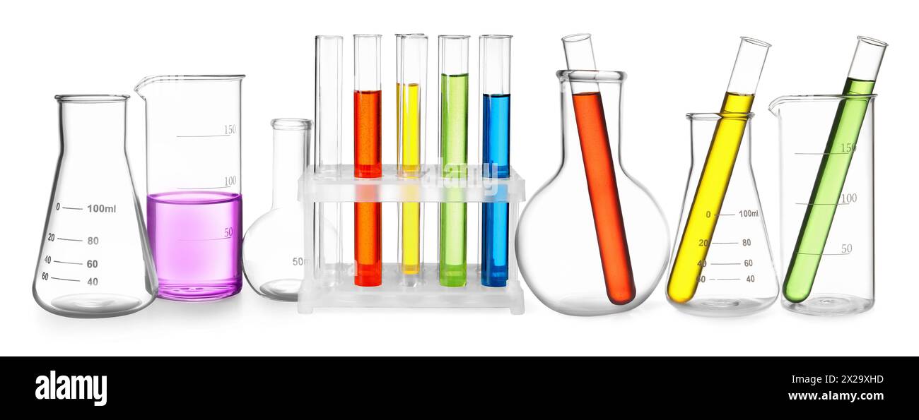 Set of different laboratory glassware isolated on white Stock Photo - Alamy