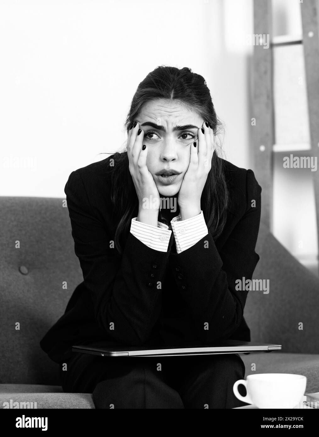 Upset business woman, unhappy secretary girl working overtime at office ...