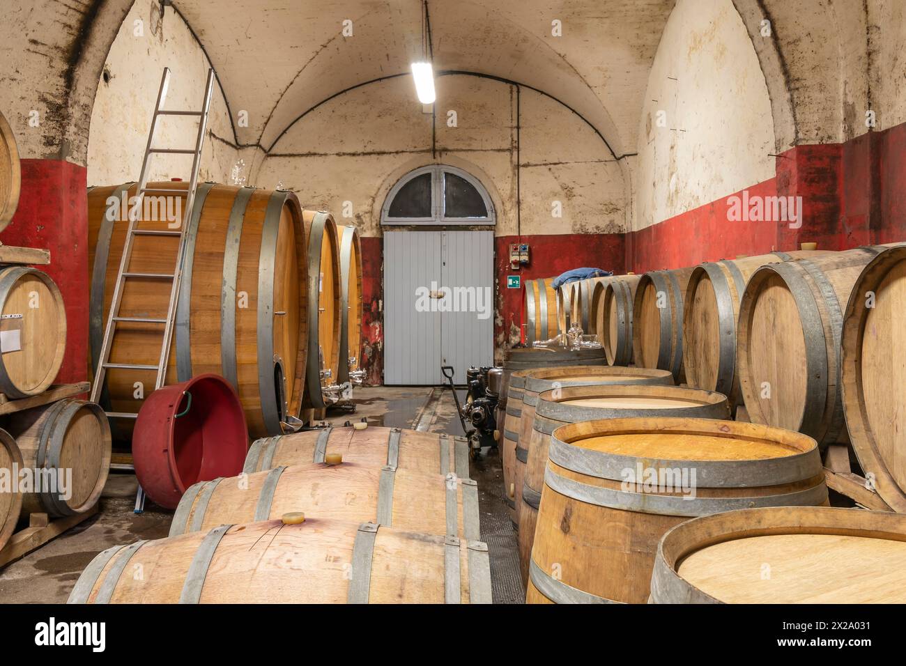 Wooden barrels and barriques in a cellar where the famous Italian red ...