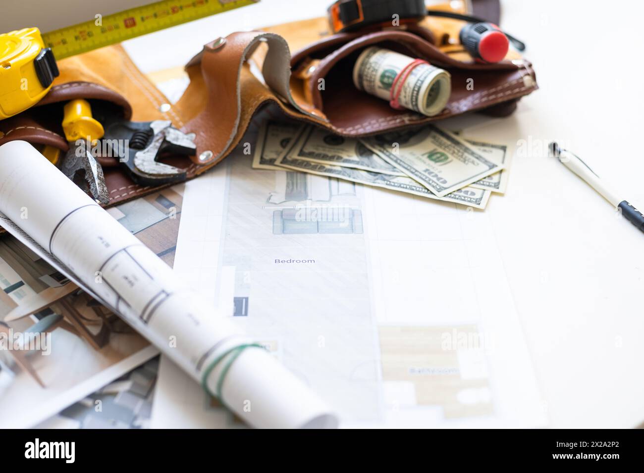 Home concept. Colorful wooden model of house on floor plan Stock Photo ...
