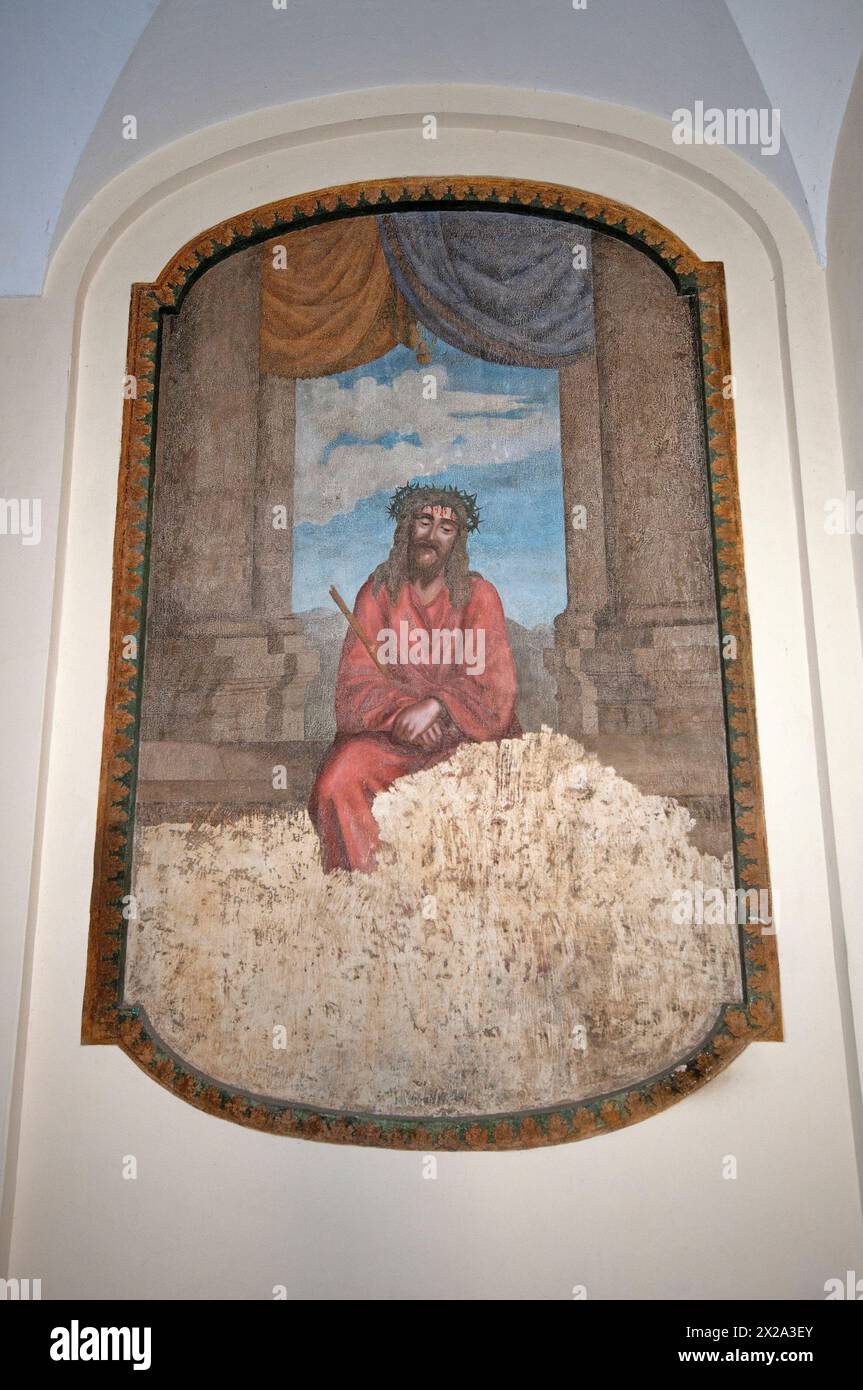 Partially damaged fresco depicting Jesus Christ with the crown of ...