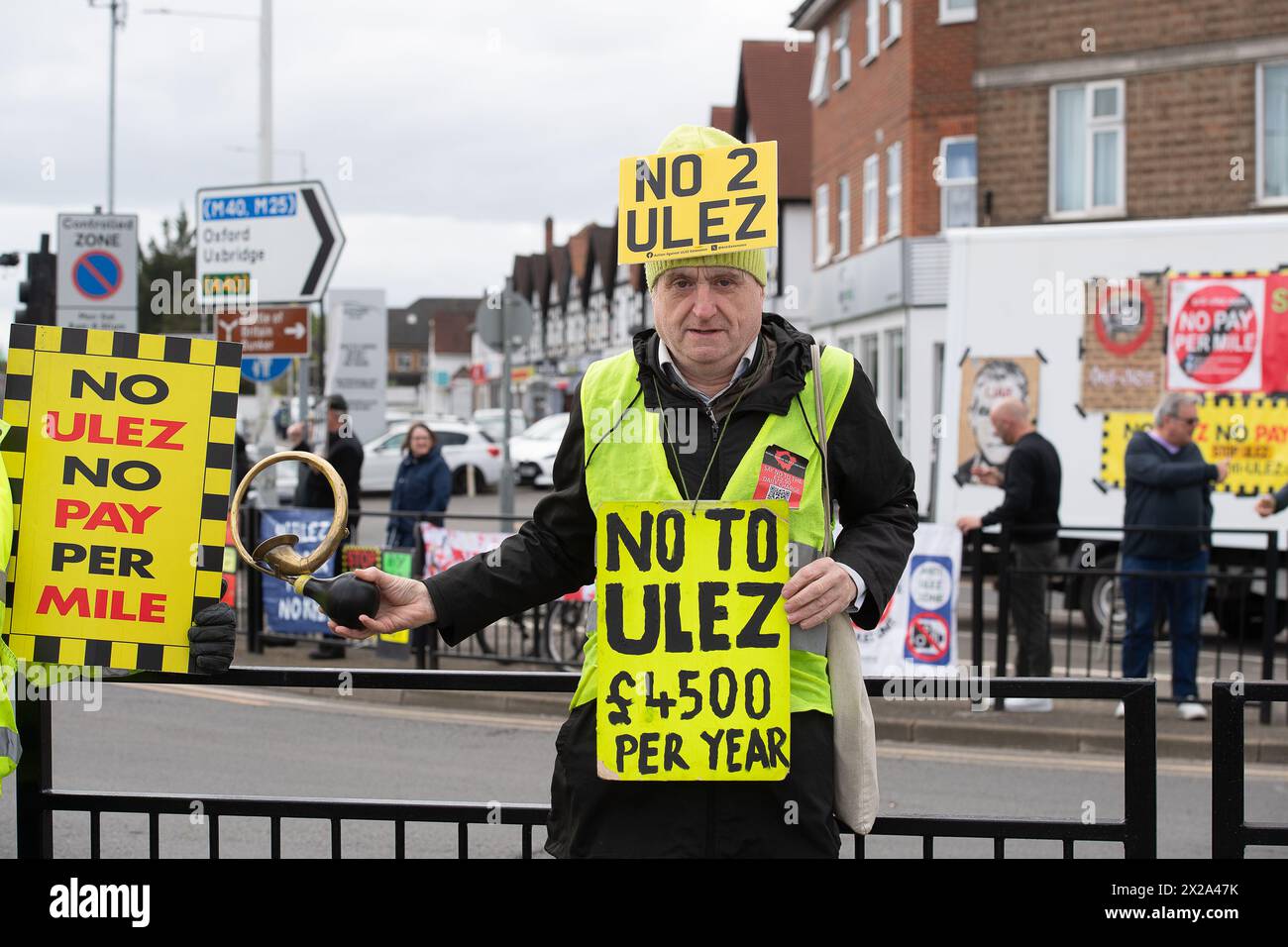 Hillingdon Circus, UK. 21st April, 2024. Anti ULEZ protesters were in ...