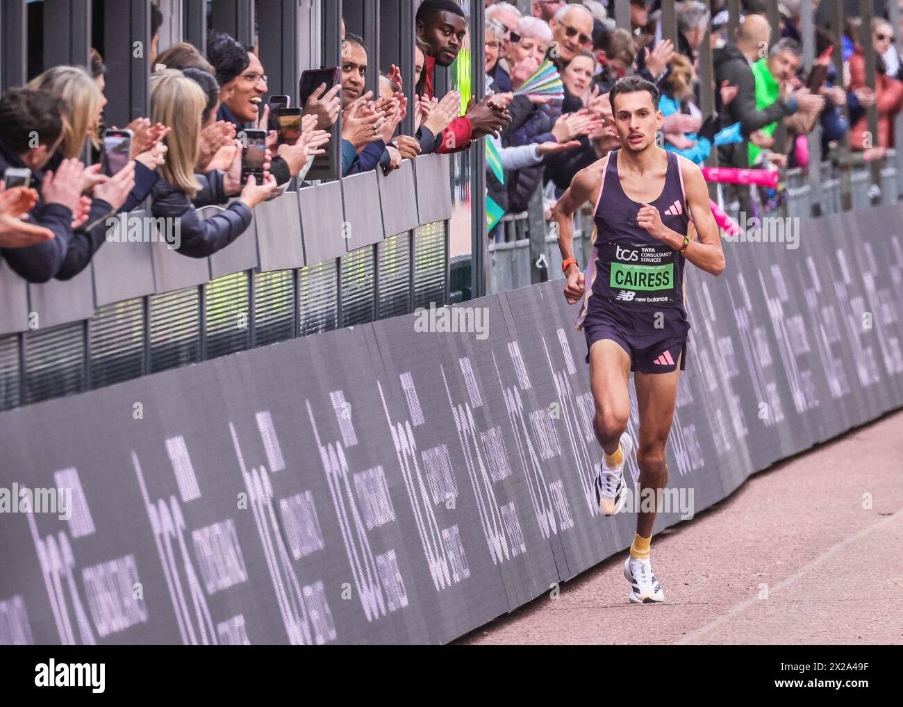 London, UK. 21st Apr, 2024. British runner Emile Cairess finishes third ...