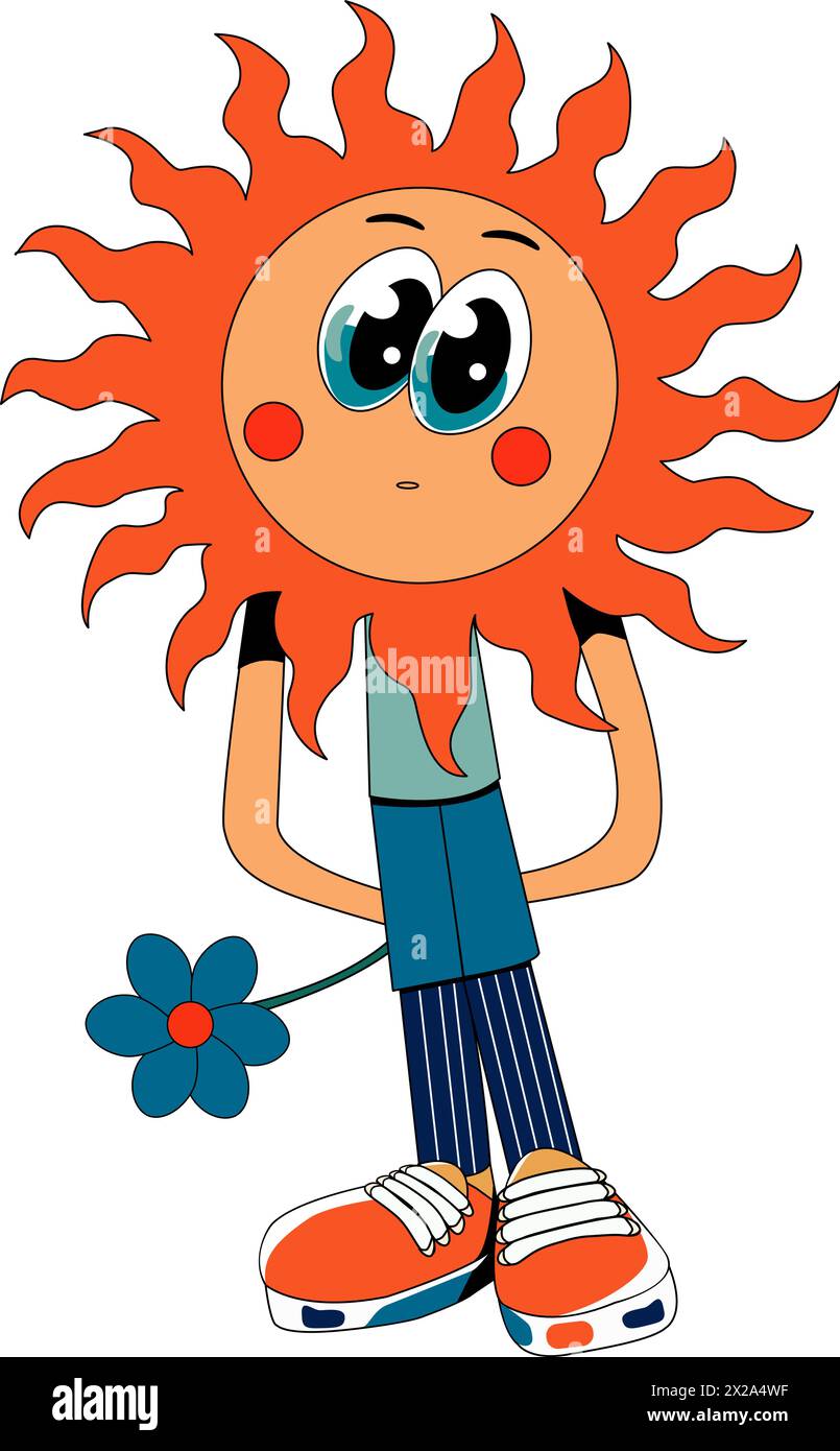 Comic flat sun with eyes and face and with flower in hands Stock Vector ...