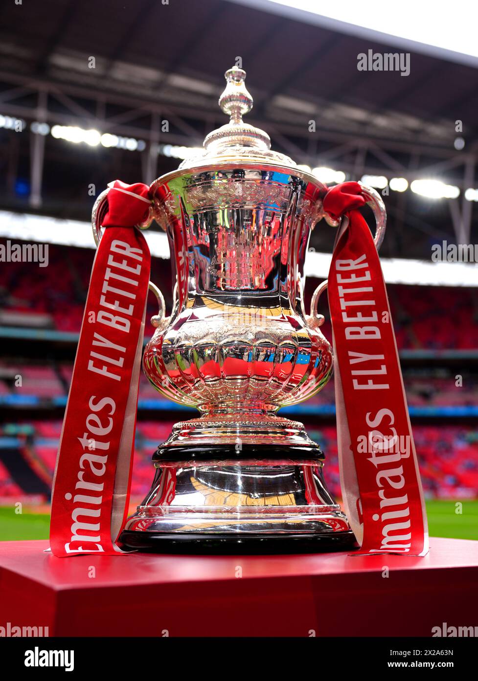 A general view of the Emirates FA Cup trophy on display ahead of the ...