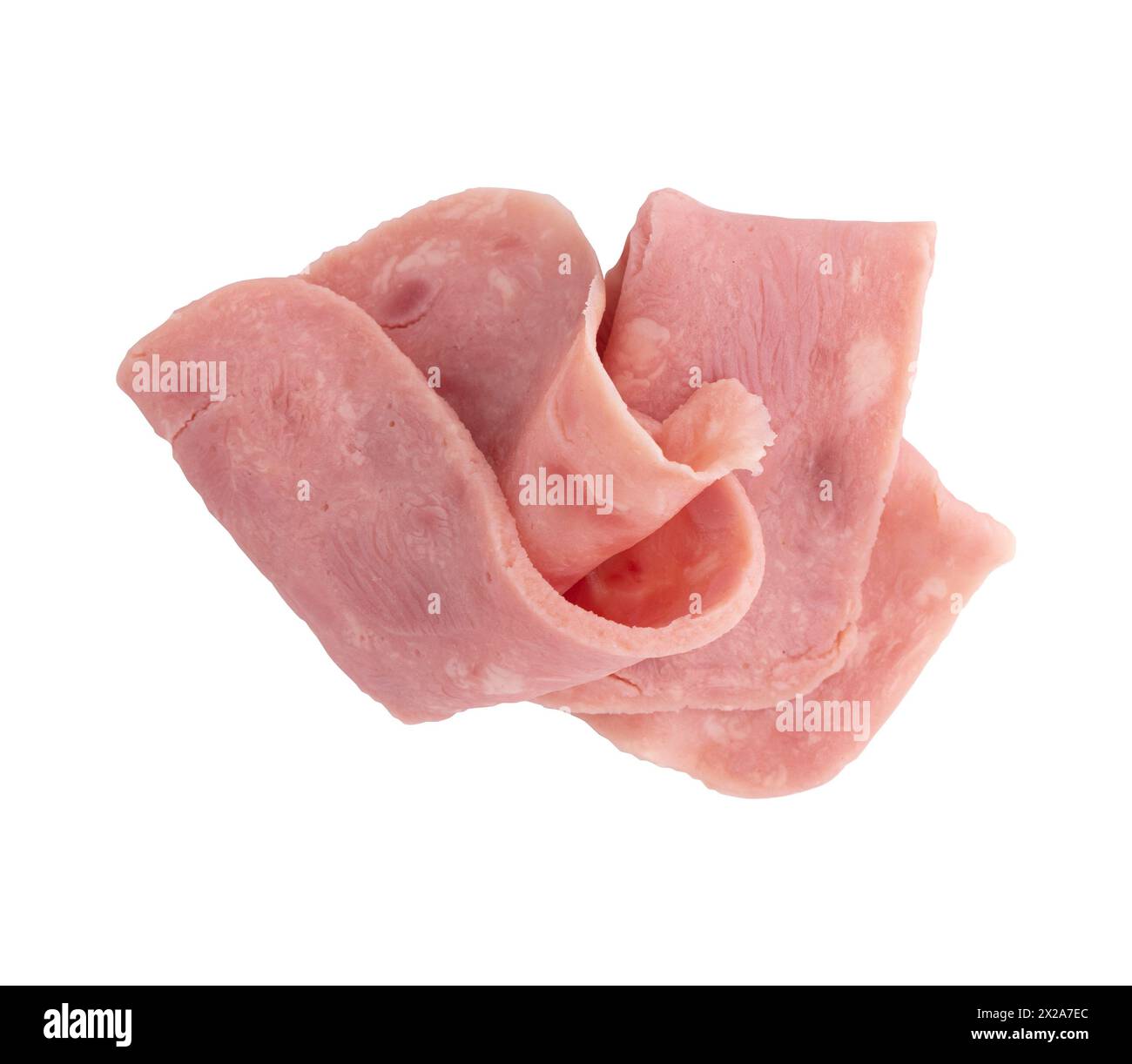 folded slices of boiled ham sausage isolated on white background with ...