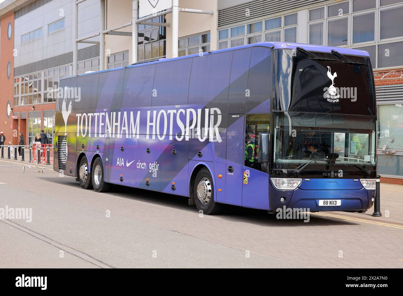 Leigh, England, April 21th 2024: Tottenham team bus outside Leigh ...
